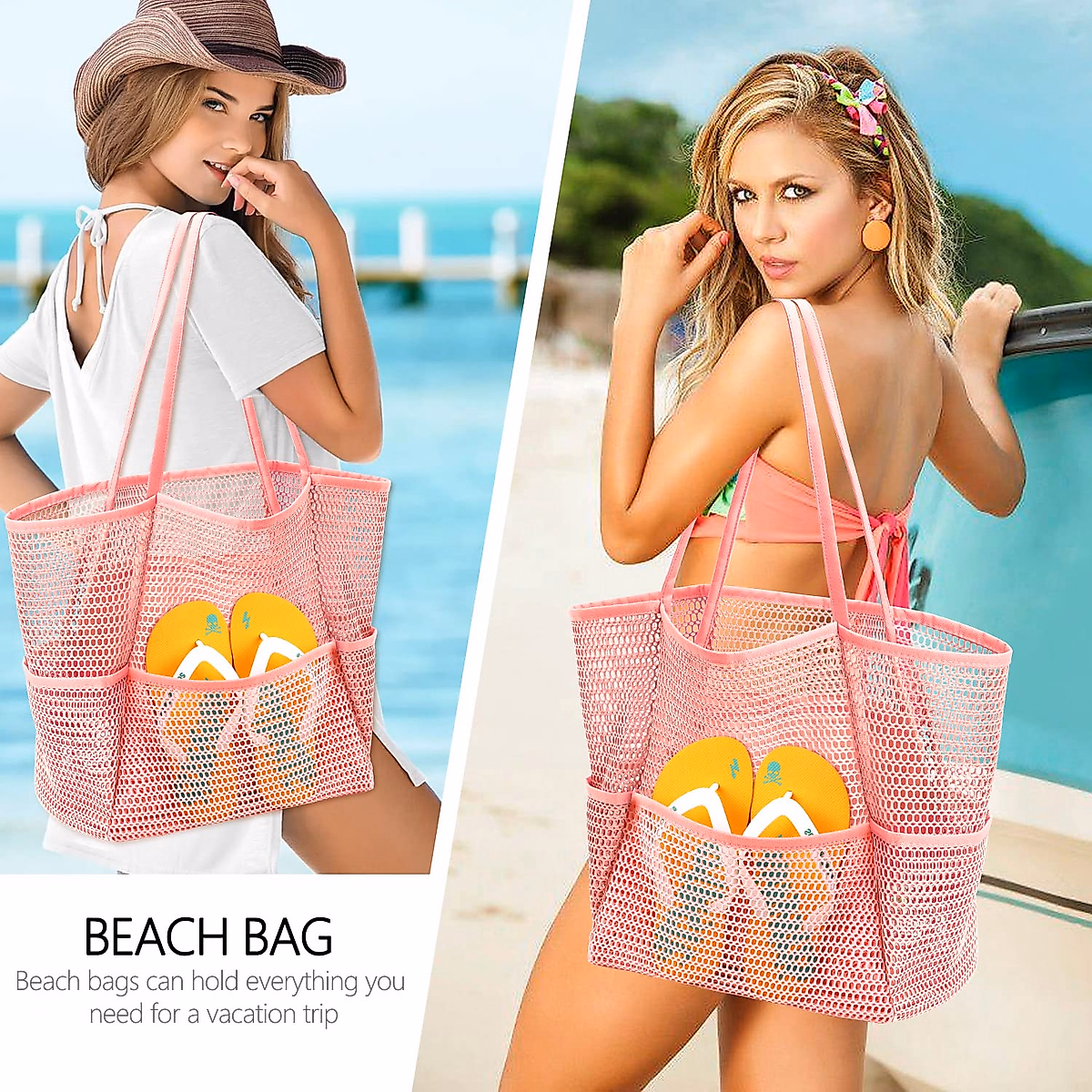 Ayieyill Mesh Beach Tote Large Bag Womens Shoulder Handbag with Multiple Pockets for Women Family Beach Pool Swimming Travel Vacation (M/Pink)