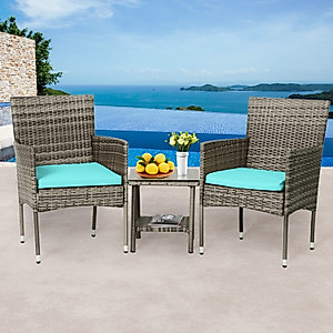 FDW 3 Piece Outdoor Furniture Set Patio Gray Wicker Chairs Furniture Bistro Conversation Set 2 Rattan Chairs with Blue Cushions and Glass Coffee Table for Porch Lawn Garden Balcony Backyard