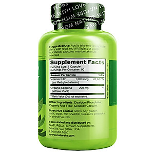 NATURELO Vegan B12 - Methyl B12 with Organic Spirulina - High Potency Vitamin B12 1000 mcg Methylcobalamin - Supports Healthy Mood, Energy, Heart & Eye Health - 90 Capsules