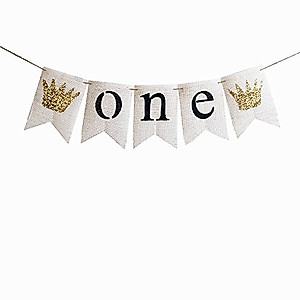 Jute Burlap One Banner Baby Girl Boy First Birthday Party Bunting Highchair Banner Decoration