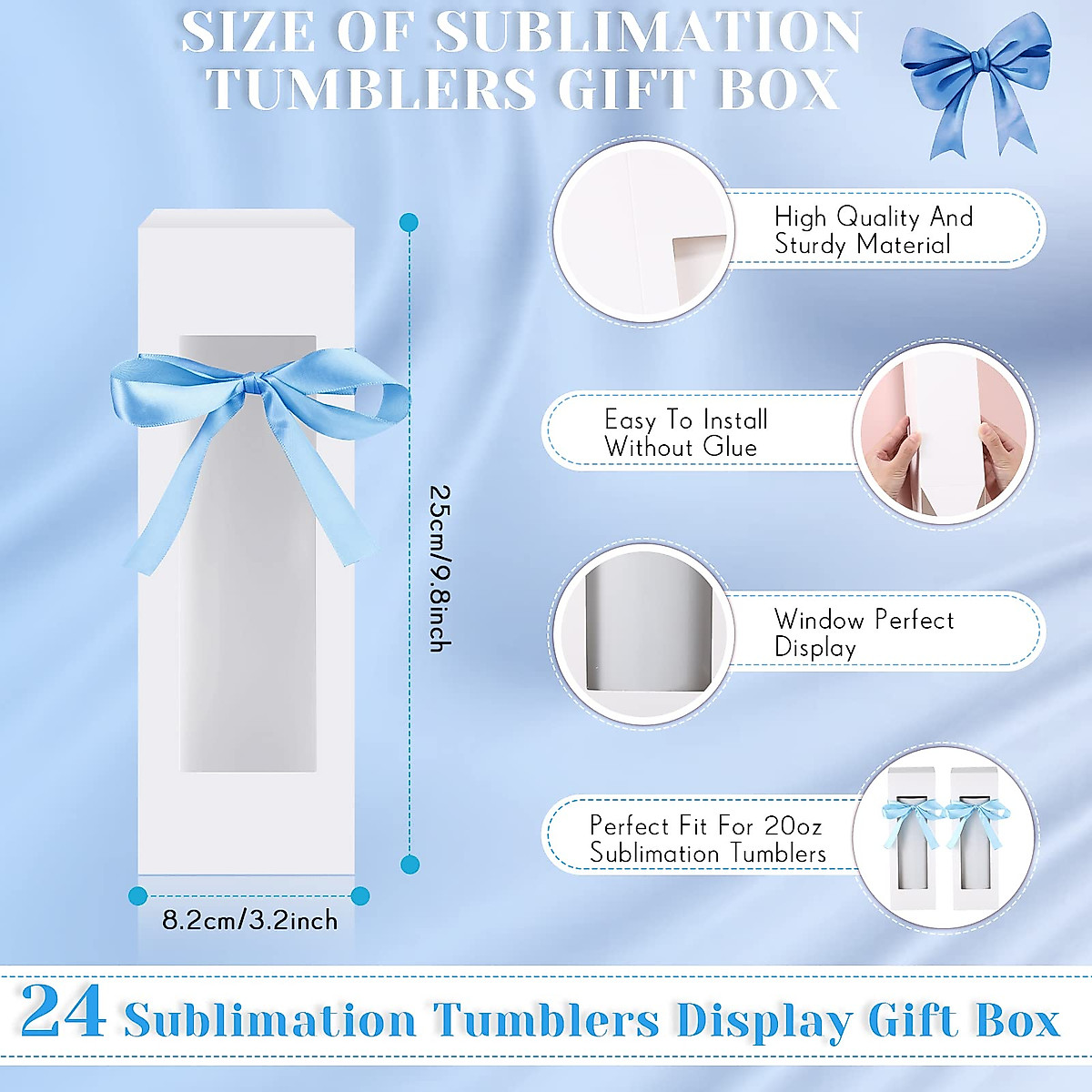 PerKoop 24 Pcs Tumbler Gift Boxes with Ribbon Sublimation Tumbler Transparent Exhibition Gift Boxes 12 oz, 20 oz, 30 oz Heat Press Sublimation Blanks Skinny Tumbler Gift Wrapping (White, Blue)