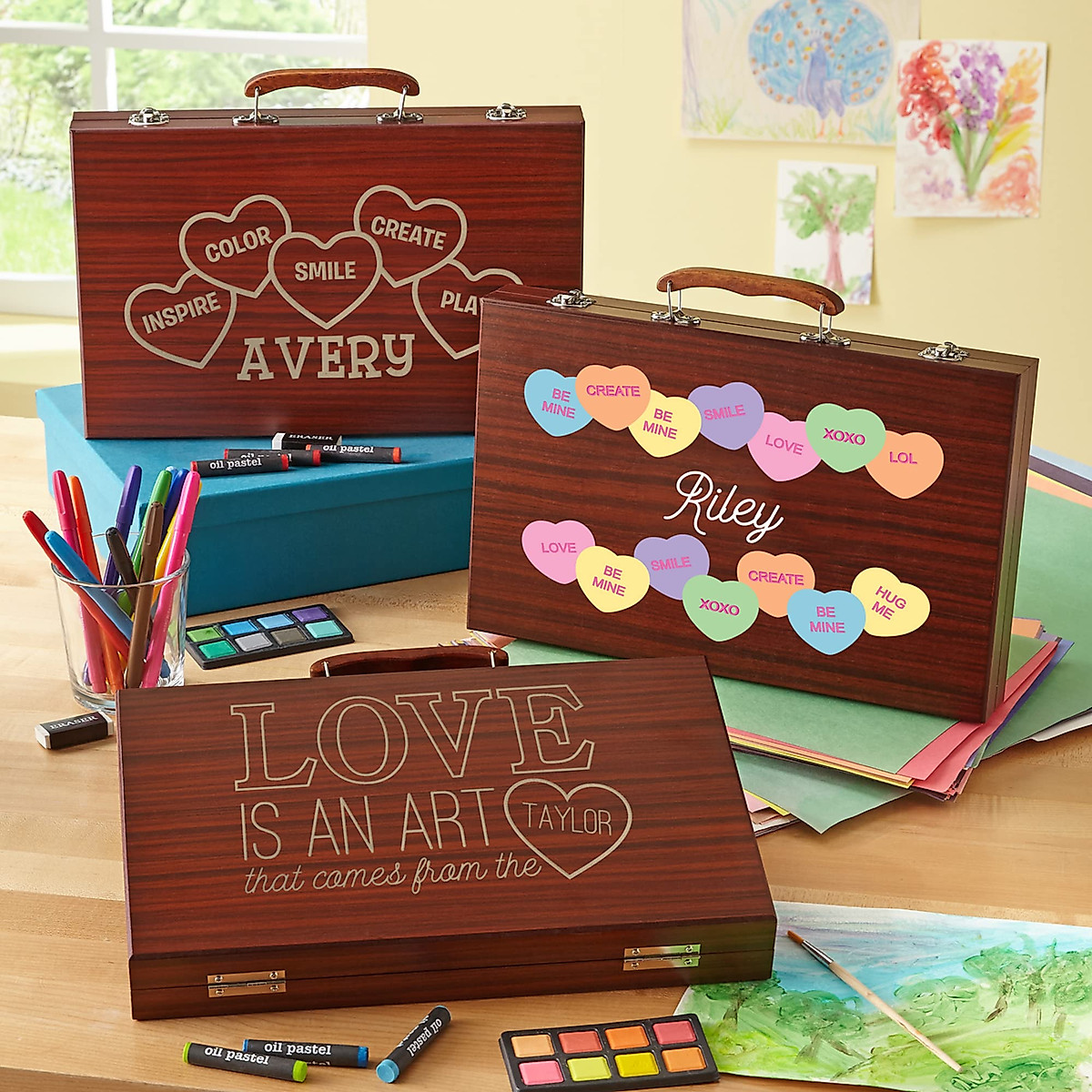 Let's Make Memories Personalized 80-Piece Deluxe Art Set - for Kids - Wood Carrying Case - Oil Crayons, Colored Pencils, Watercolors - Arts & Crafts - Add Their Name - Creative Hearts