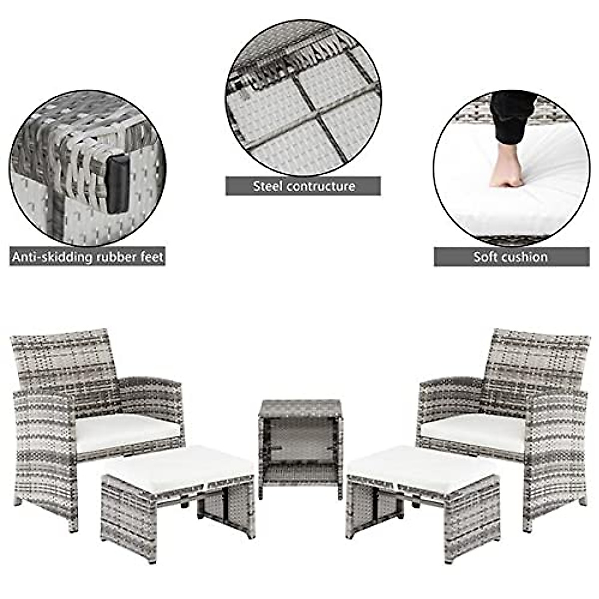 SAWQF 5pcs 2 Chairs 2 Footstools 1 Coffee Table Combination Sofa Gray Gradien for Your Front or Backyard Patio Furniture