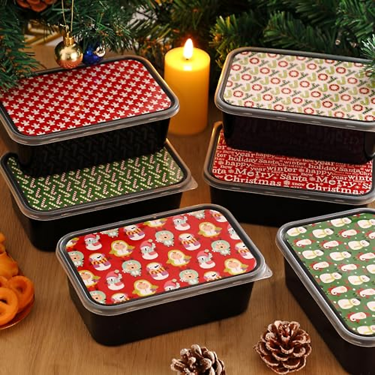 50 Pack Christmas Food Prep Containers with Lids 25 oz Meal Packaging Containers Plastic Christmas Cookie Boxes Reusable for Holiday Goodie Container or Exchange Gift Giving 10 Designs