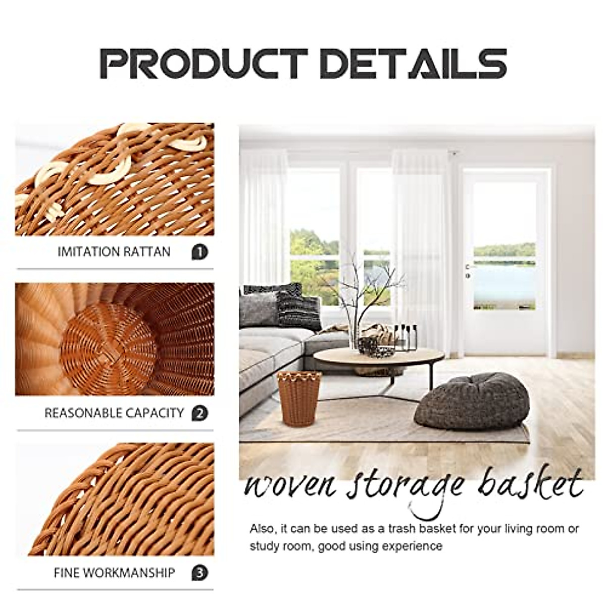 Zerodeko Seagrass Wastebasket Rattan Trash Can Woven Waste Basket Garbage Bin Water Hyacinth Flower Pot Dried Flower Bucket Laundry Storage Basket for Bedroom Bathroom Office Planter