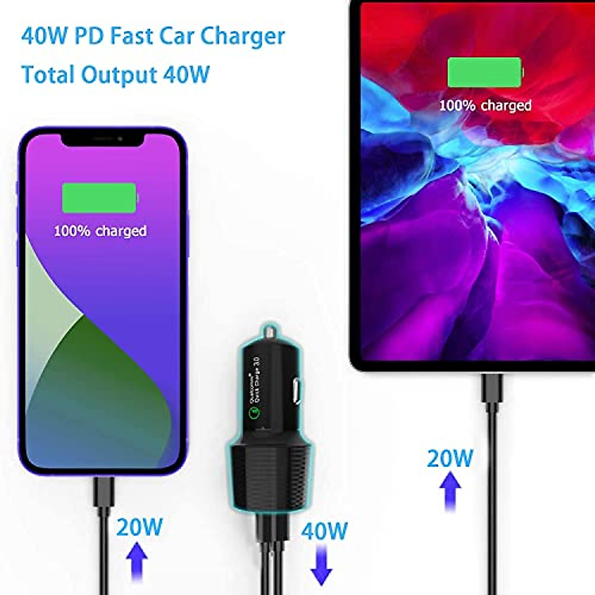 Fast Car Charger, USB C Car Charger 38W Car Charger Adapter PD3.0&QC3.0 with 2Pack Lightning Cable Quick Car Charging Compatible with iPhone 14 Pro Max/14 Plus/13 Pro Max/12