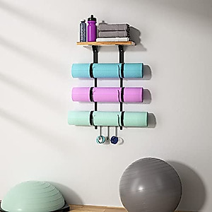 Towel Racks for Bathroom, Towel Holder for Bathroom Wall, Holder Storage with Wooden Shelf and 3 Hooks for Large Small Towels,Yoga Mat Foam Roller