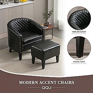 QQU Accent Sofa Chair with Ottoman, Faux Leather Modern Barrel Chair with Iron Legs and Round Arms, Upholstered Chair for Living Room, Bedroom(Black)