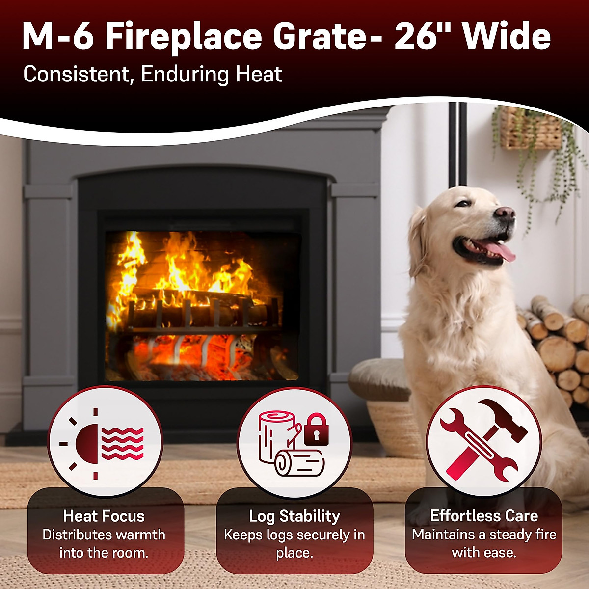 Grate Wall of Fire Model M-6 Smoke-Free Fireplace Grate – 26" Wide x 15" Tall – Durable Alloy Steel Construction, Increases Heat Output, Eliminates Smoke Issues, Ideal for Larger Fireplaces