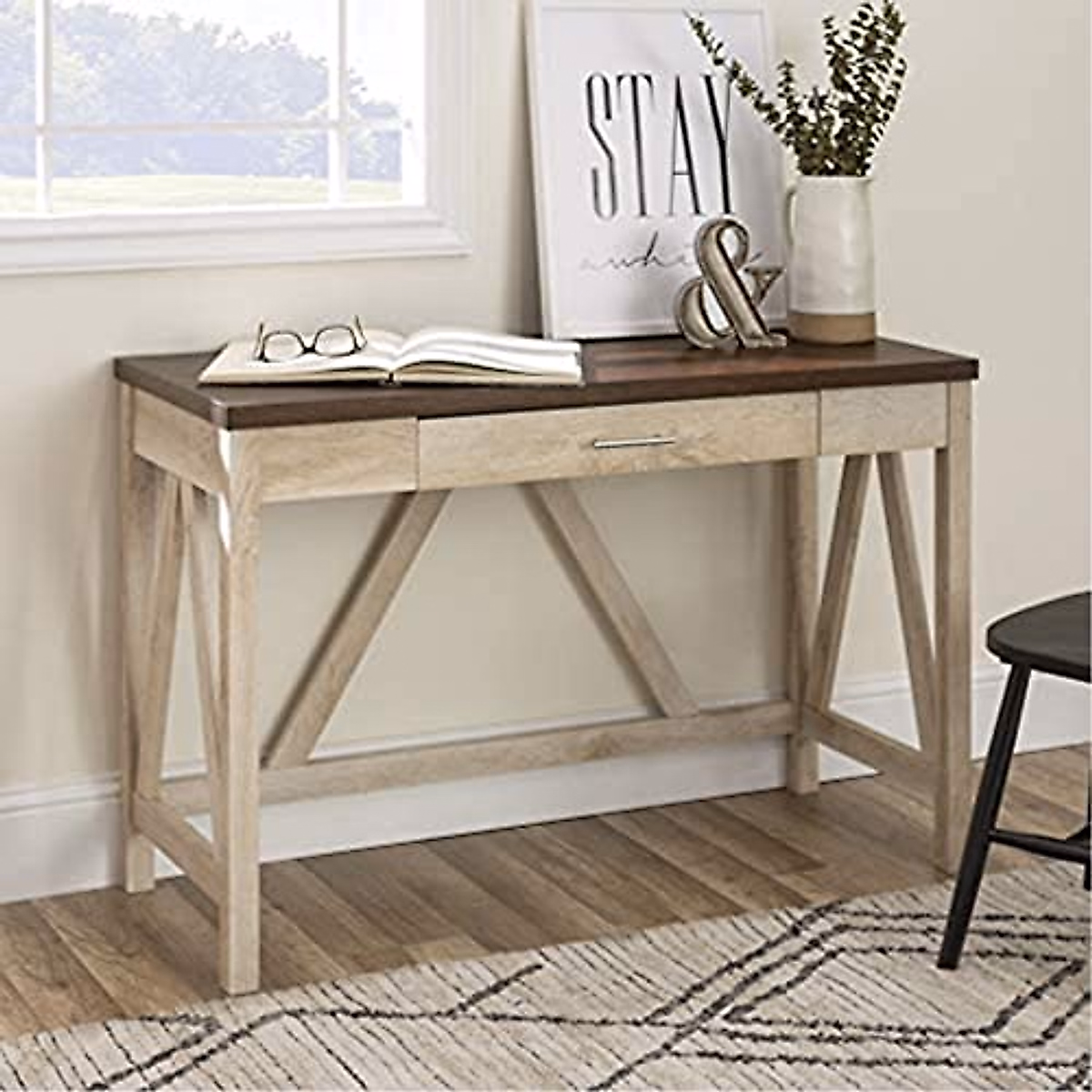 Walker Edison Rustic Farmhouse Wood Computer Writing Desk Home Office Workstation Small, 46 Inch, White Oak and Brown