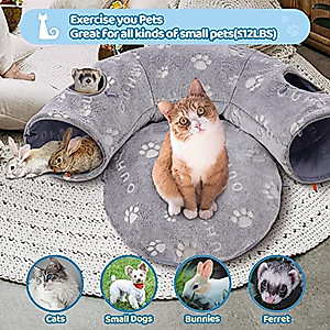OUHOU Cat Tunnel Bed Tube with Plush Cover, Cat Tunnels for Indoor Cats, 3 Hanging Balls and 4 Peephole, Collapsible Self-Luminous Flannel Fabric for Large Cats, Bunny, Puppy