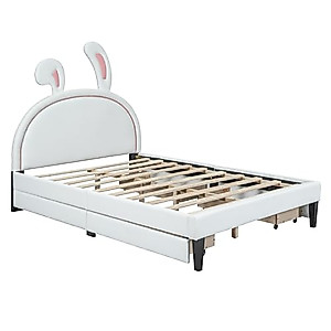 HBRR Wooden Bed Frame Full Size with 4 Storage Drawers and Bunny Ears Headboard, Upholstered Platform Bed with Storage for Kids Teens Boys & Girls, No Box Spring Needed, White