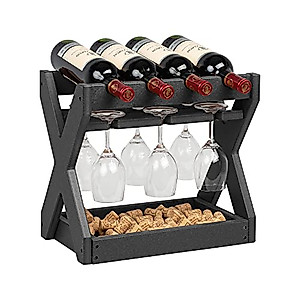 KORVOS Countertop Wine Racks with Glass Holder，4 Bottles Small Wine Rack,High-Density PE Tabletop Wine Bottle Holder for Kitchen, Living Room, Wine Cellar,Bar(Black Color)