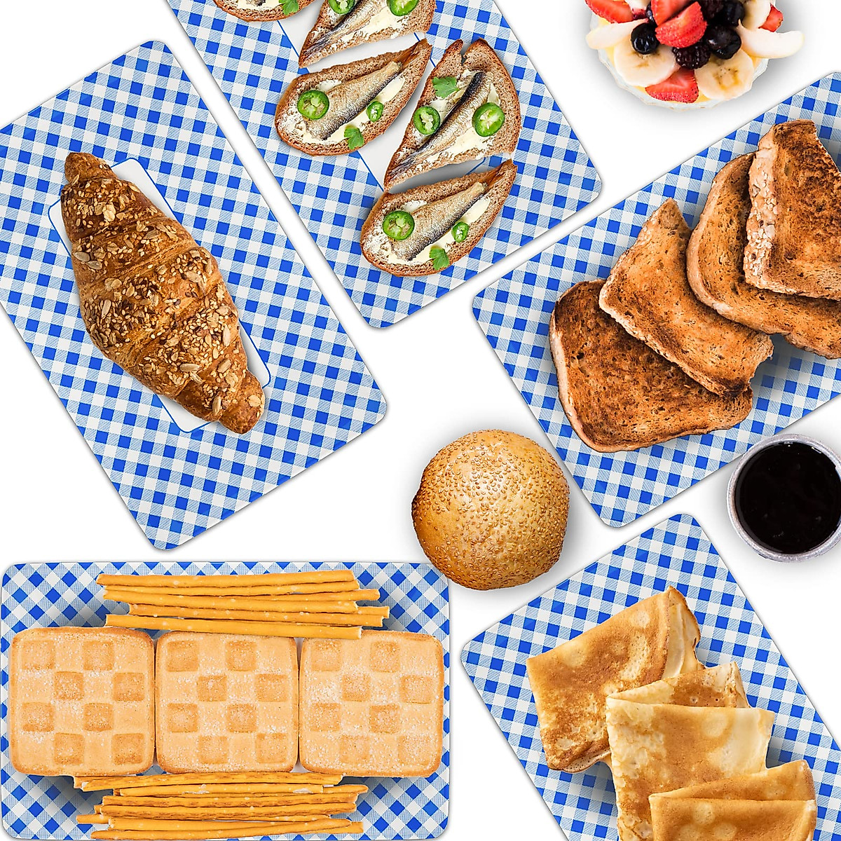 DYLIVeS Blue and White Buffalo Plaid Plates, 9.1 x 5.7 Inch Blue Checkered Disposable Paper Food Trays for Dessert Appetizers Snack Hotdog Rectangular Platters for Picnic, Graduation Party, 50 Pcs