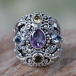 NOVICA Artisan Handmade Amethyst Blue Topaz Cocktail Ring Balinese Silver Sterling Citrine Multigem Multicolor Purple Yellow Stone Indonesia Animal Themed Birthstone Traditional Butterfly [band Width]