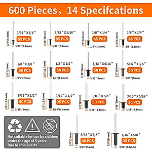 600pcs Pop Rivets Assortment Kit, 14 Sizes Aluminum Rivets 3/32" 1/8" 5/32" 3/16", Assorted Black Rivets with Reinfored Divider and Labeled Case (Black)