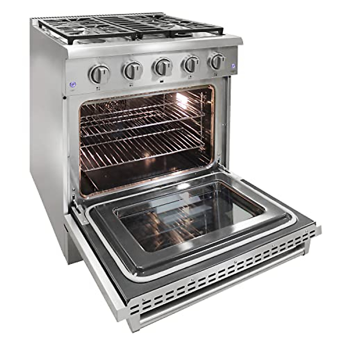 BRAMA Gas Range with 4 Burner Cooktop, Freestanding 30-Inch with Porcelain Convection Oven and Broil Function, Continuous Grates with Stainless Steel Construction, 4.2 Cu.Ft., Metallic