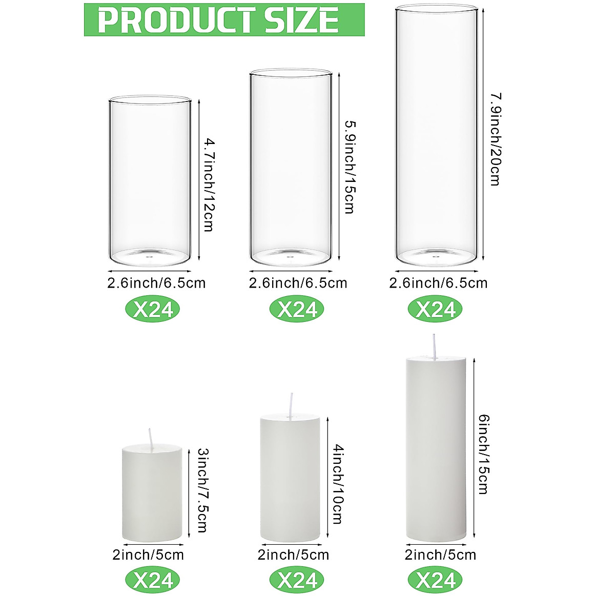 Shihanee 144 Pcs Pillar Candles and Glass Cylinder Vases Clear Cylinder Candle Holders for Slim Pillar Candles Table Decoration