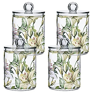 Kigai 2 Pack Apothecary Jars Fresh Lily Flowers Qtip Holder Organizer Clear Airtight Container for Cotton Swabs Food Storage 14oz Plastic Jars with Lids