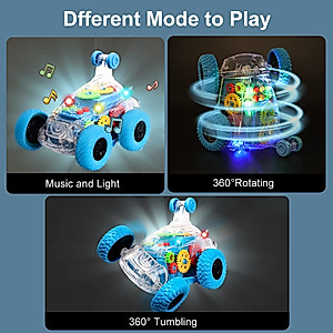 TAKIHON Car Toys for Boys,Monster Trucks with Music&Light,360° Rotating Stunt Cars,Transparent Mechanical Gear Flip Vehicles Toys,Gift for Kids,Toddlers