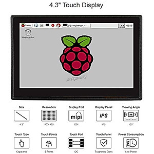 XYGStudy 4.3inch Capacitive Touch Display LCD for Raspberry Pi 4, with Protection Case Cooling Fan Screen Resolution 800×480 IPS Wide Angle MIPI DSI Interface, Supports Pi 4B Driver Free