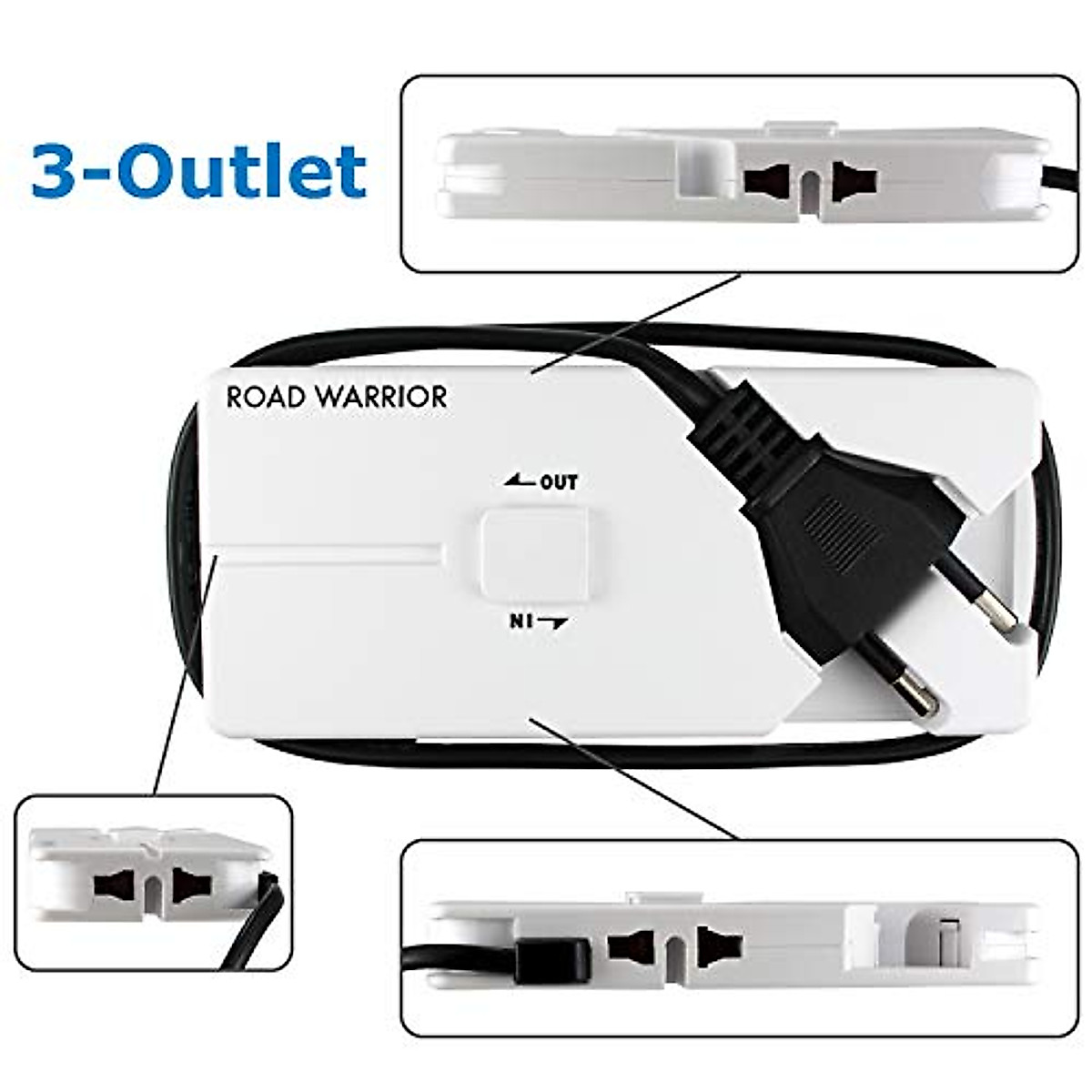ROAD WARRIOR 3-Outlet Travel Universal Power Strip with European Plug, Compact, Designed in Japan, EU to US Adapter Does not Convert Voltage-RW47WH