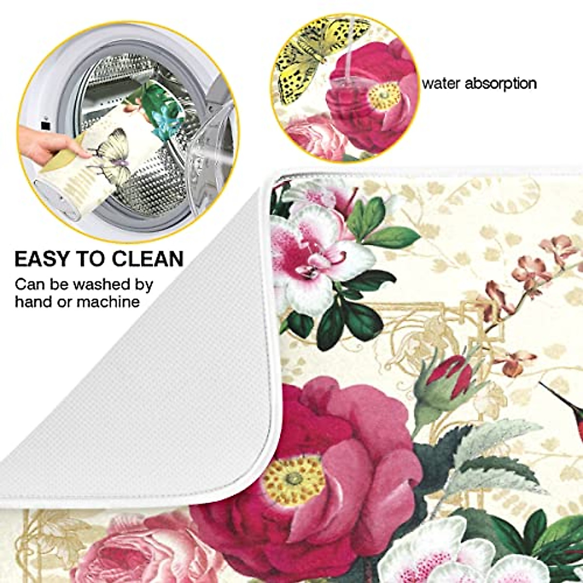 Beautiful Flower Dish Drying Mat For Kitchen Counter, Ultra Absorbent Reversible Microfiber, and Protector for Kitchen Countertops 18 In x 24 In