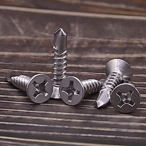 #6 x 1/2" Flat Phillips Drive Head Self Drilling Screws for Metal, 410 Stainless Steel Sheet Metal Tek Screws, Countersunk Head, Quick Self Tappers for Indoor Outdoor, 100 pcs