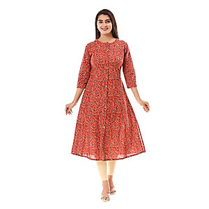 Vihaan Impex Printed Casual Red Floral Kurti for Women Long Kurta Tunic 3/4 Sleeve (as1 alpha l regular regular)