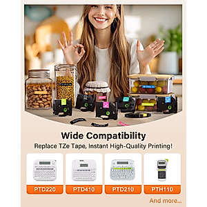 Replacement for Brother P-Touch Label Maker Tape TZe 12mm 0.47 Ribbon Laminated TZ Colored Refills Compatible with Brother P Touch PT-D210 D220 H110 1000 1280 D400 Cube, 1/2" x 26.2', 6 Pack