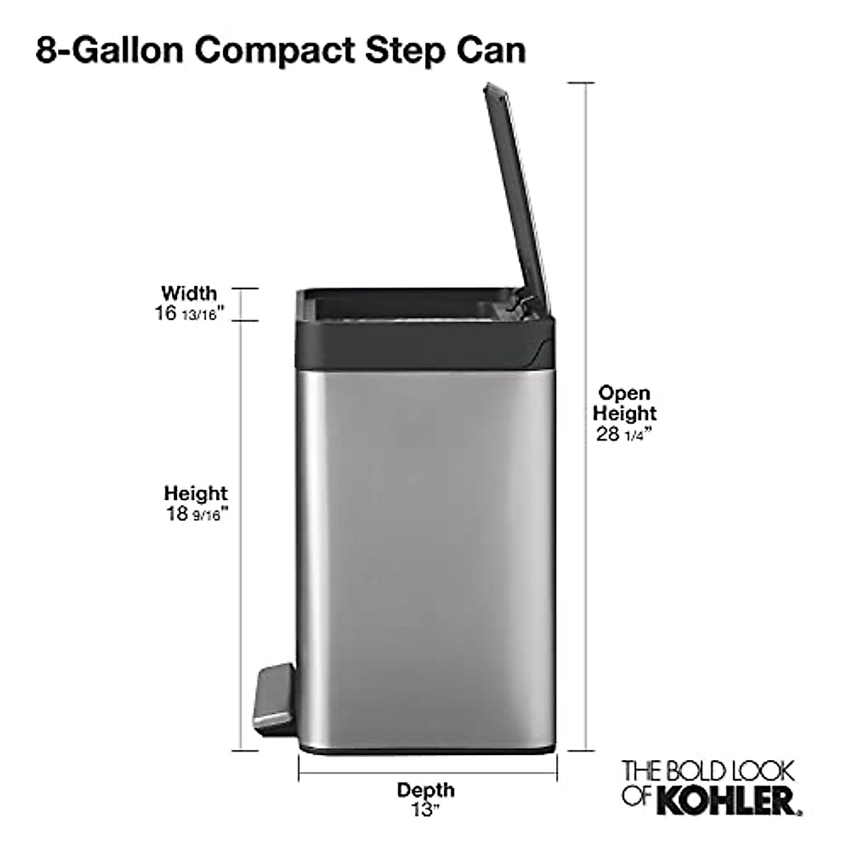 Kohler K-20942-BST 8-Gallon Compact Black Stainless Step Trash Can, Black Stainless,Black Stainless Steel
