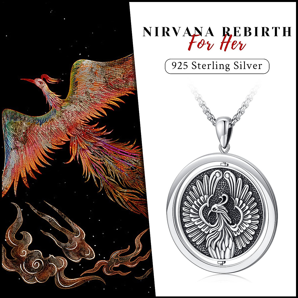 TwoAnts Phoenix Necklace for Men Women Sterling Silver Nirvana of Phoenix Pendant Necklace Rotatable Spinning Coin Necklace Jewelry Gift for Girlfriend Boyfriend Birthday Christmas with 22'' Chain