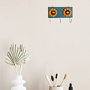 Wood Metal Sunflower Wall Hook Keys Coats Aprons Utilities Hook Kitchen Living Room Wall Decor-(White,Blue & Green,Set of 3)