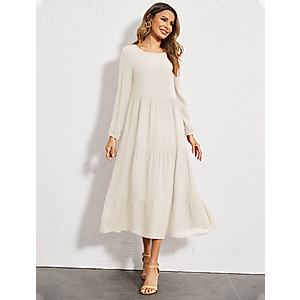 Halife Ladies Fall Dress Long Sleeve Ruffle A-line Flowy Maxi Dresses with Pockets Beige S