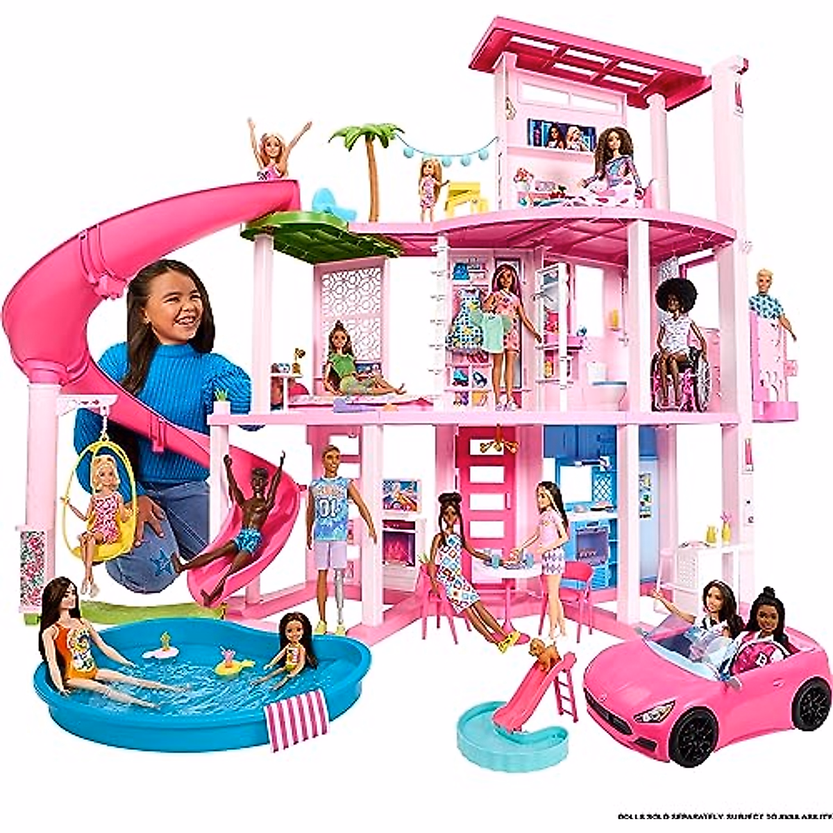 Barbie Dreamhouse 2023, Pool Party Doll House with 75+ Pieces and 3-Story Slide, Barbie House Playset, Pet Elevator and Puppy Play Areas​
