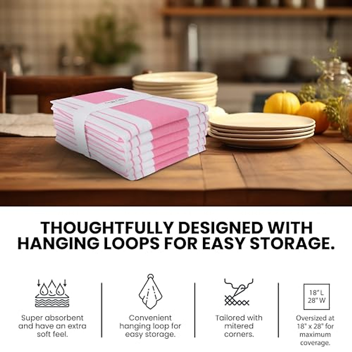 Candy Cottons Stripe Kitchen Towels Decor Mordern Design Centreband Dish Towels Boho Stripe Absorbent Festive Gift Set of 6 Pantry Reusable Kitchen Dish Towel|Easter Spring Decor 18x28 in |Pink