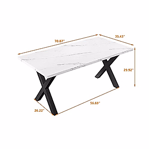 70.87" Faux Marble Dining Table, Modern Rectangular Dining Table with Printed Marble Table Top and X-Shape Stainless Steel Table Leg/Metal Base for Kitchen & Dining Room（White Top+ Black Legs）