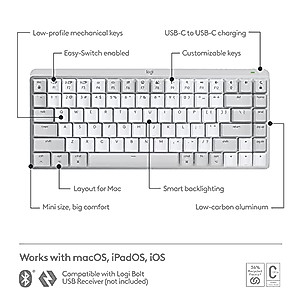 Logitech MX Mechanical Mini for Mac Wireless Illuminated Keyboard, Low-Profile Performance Switches, Tactile Quiet Keys, Backlit, Bluetooth, USB-C, Apple, iPad - Pale Grey