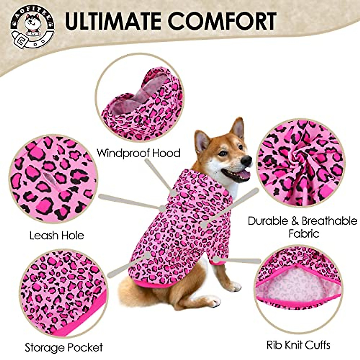 AOFITEE Dog Hoodie, Leopard Printed Dog Hoodies Sweatshirt, Winter Warm Dog Coat with Hat, Dog Pullover Hooded Shirts, Dog Cold Weather Apparel for Small Medium Large Dog