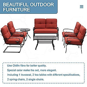 Oakmont 7-Piece Outdoor Metal Furniture Sets Patio Conversation Set Wrought Iron Loveseat, 2 Single Chairs, 2 Spring Chairs and Coffee Table, Red
