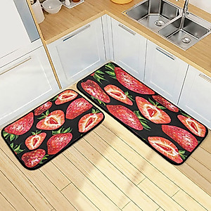 ALAZA Strawberry Red Black 2 Piece Kitchen Rug Floor Mat Set Runner Rugs Non-Slip for Kitchen Laundry Office 20" x 28" + 20" x 48"
