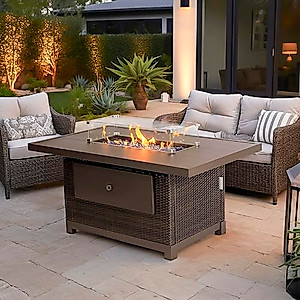 Kinger Home Novi Rattan 52-Inch Outdoor Patio Propane Gas Fire Pit Table, CSA Certified 50,000 BTU Firepit, Brown Aluminum Frame