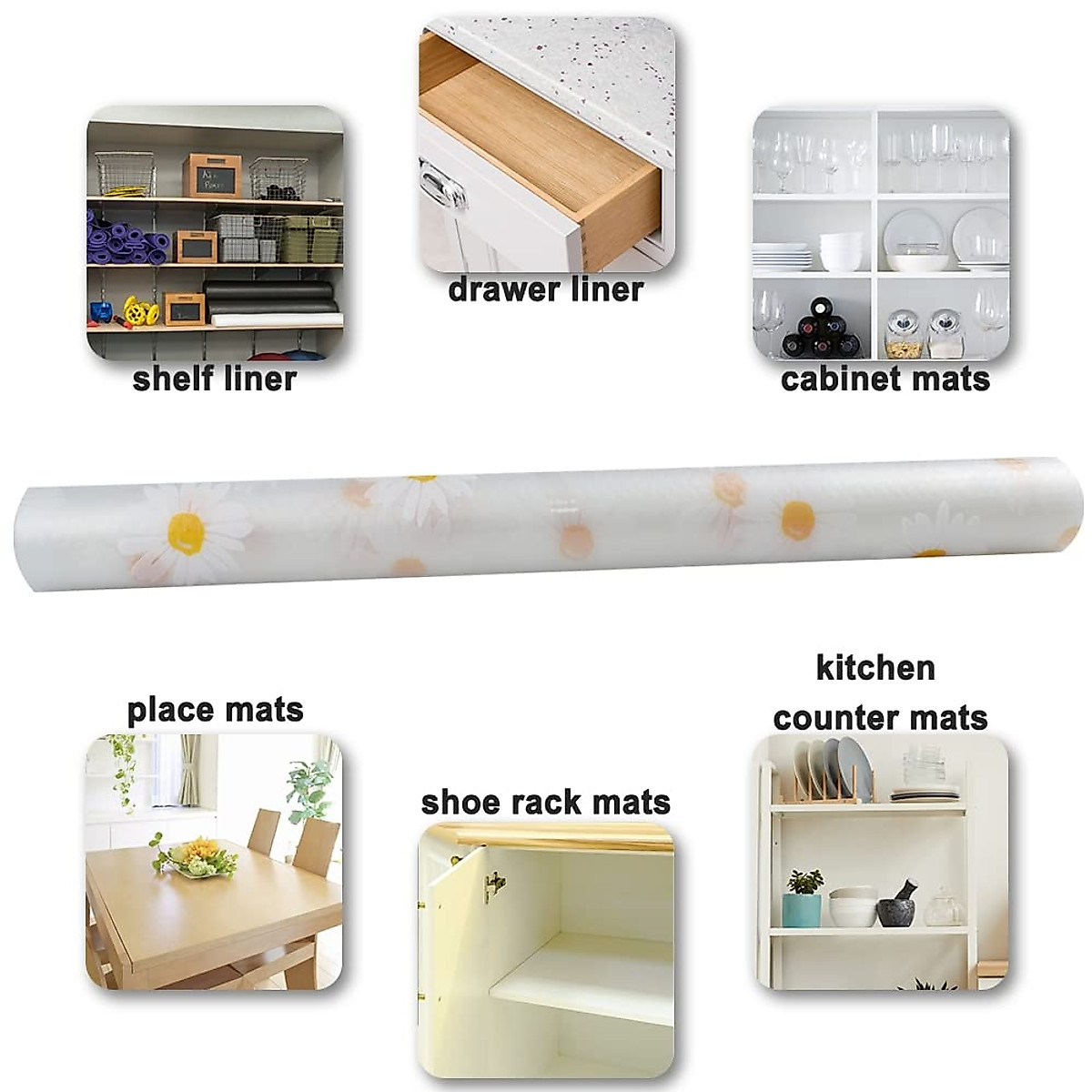Waterproof Shelf and Drawer Liners for Kitchen Cabinet, Refragerator Mats Bathroom Sink Liner No Slip Cupboard Mats Non Adhesive EVA Place Mats Roll - Clear Daisy 17.7"×78.7"