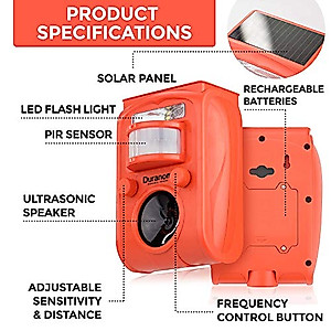 DURANOM Solar Animal Repeller Outdoor, Ultrasonic with Motion Sensor Activated Flashing Led Light Cat, Dog, Deer Repellent
