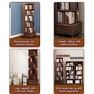 MMV 5 Tier Rotating Bookshelf, 360° Display Bookcase with Cabinet, Mobile Bookshelf with Wheels, 79" Tall Bookcase for Narrow Space, Spinning Wood Bookshelf Tower for Home Office, Study Room, Walnut