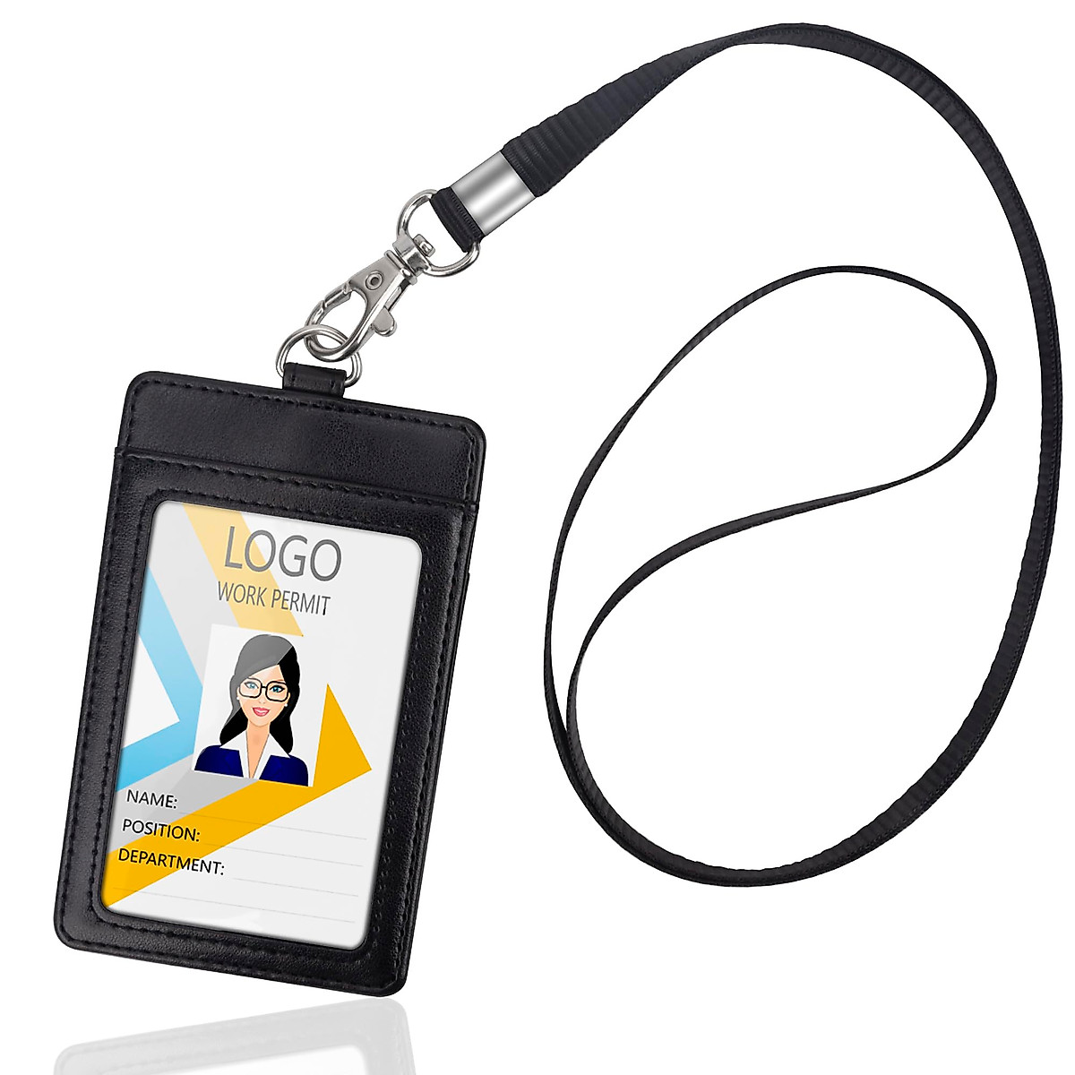 Arae Card Holder Vertical PU Leather Badge Holder with 1 Clear ID Card Window 1 Card Slot and 1 Neck Lanyard for Office/School ID Credit Card Driver License - Black