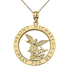 CaliRoseJewelry 14k Saint Michael Pray for Us Round Charm Pendant Necklace in Yellow Gold, 20"