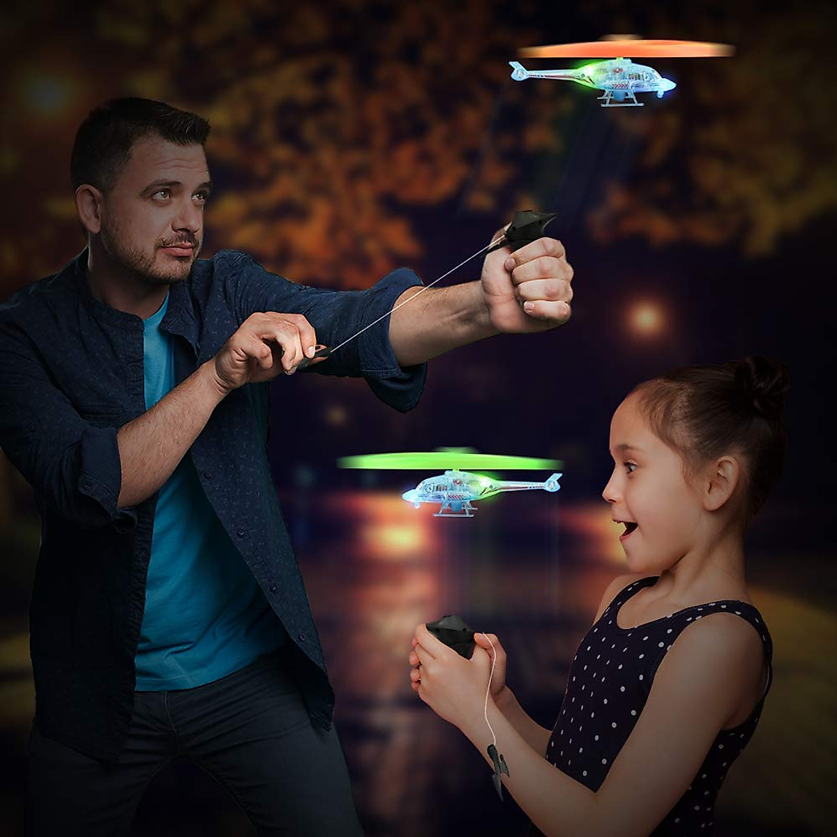 ArtCreativity Light Up Ripcord Helicopters, Set of 2, Cool Flying Toys for Kids with Flashing LEDs, Indoor and Outdoor Toys for Boys and Girls, Great Birthday Gift, Light Up Party Favors