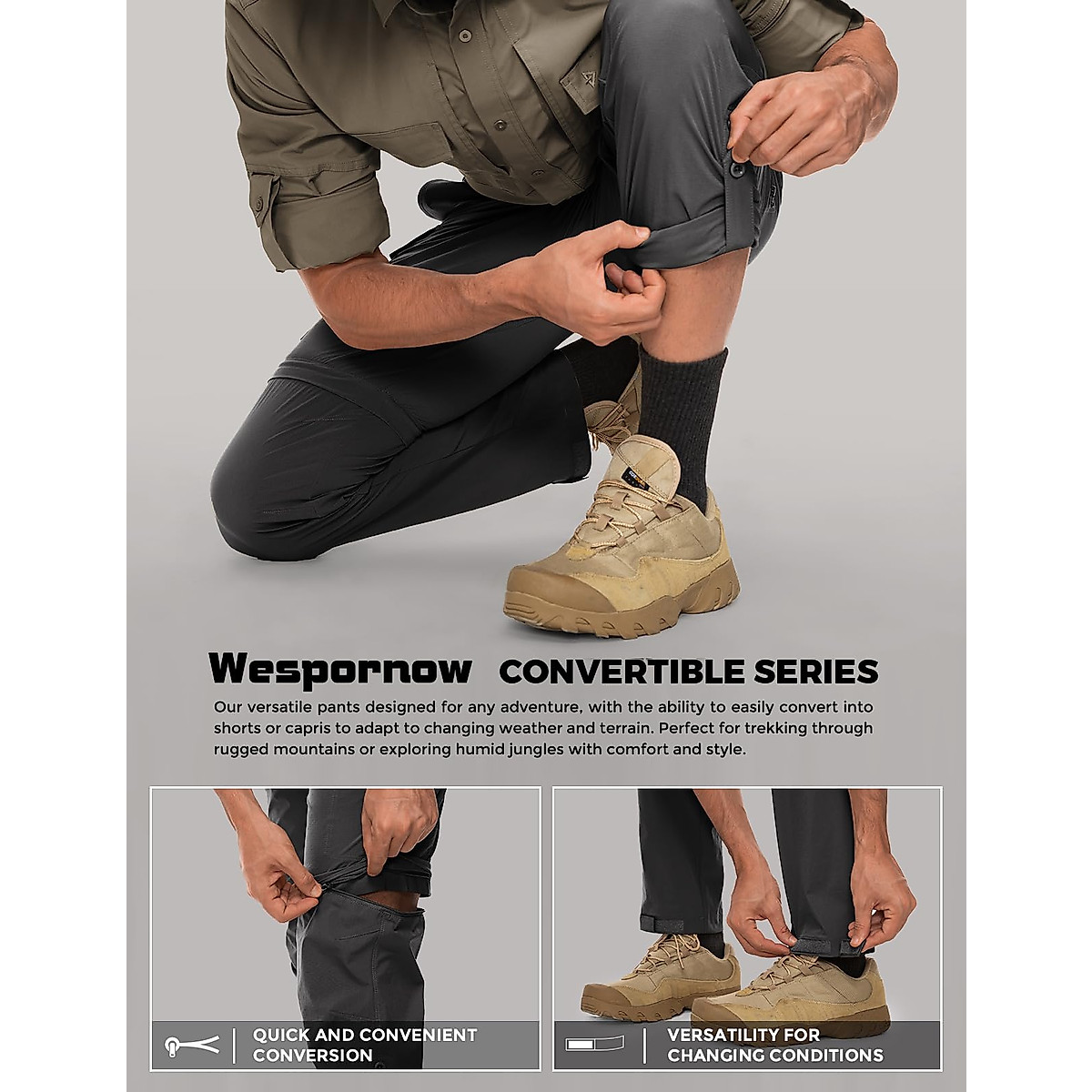 Wespornow Men's-Convertible-Hiking-Pants Quick Dry Lightweight Zip Off Breathable Cargo Pants for Outdoor, Fishing, Safari (Grey, Large)