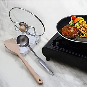 GuoGuo Wu Multifunctional Lid and Spoon Holder for Kitchen, Foldable Spatula/Ladle/Spoon Rest for Countertop and Stove Top, Multifunctional Holder for ipad, phone, Water Cup - White, 1 Pack